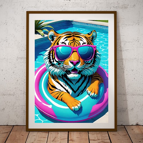 Cool Funny Tiger in a Pool Float Maximalist Cartoon Comic Wall Art ...