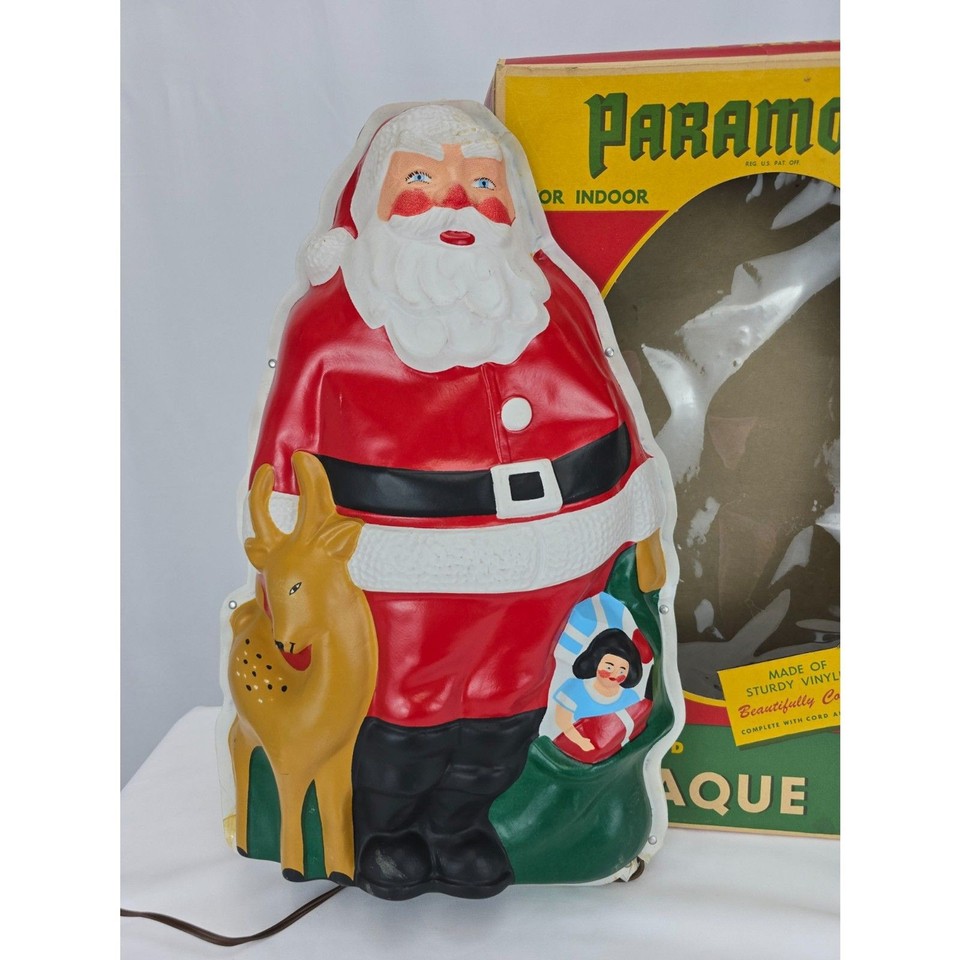Vintage Lighted Paramount Christmas Santa Plaque Reindeer & Gifts w ...