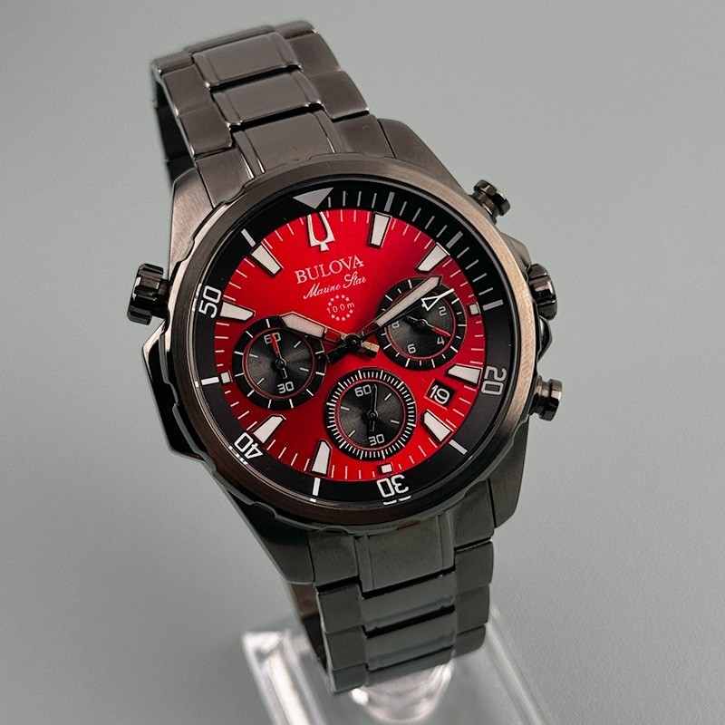 Bulova Marine Star 98B350 Chronograph Men's Quartz Watch Red Dial 43mm ...