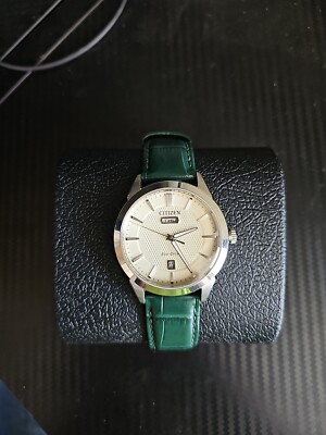 Citizen Men's Rolan 40mm Eco-Drive Ivory Dial Day & Date Green Leather ...