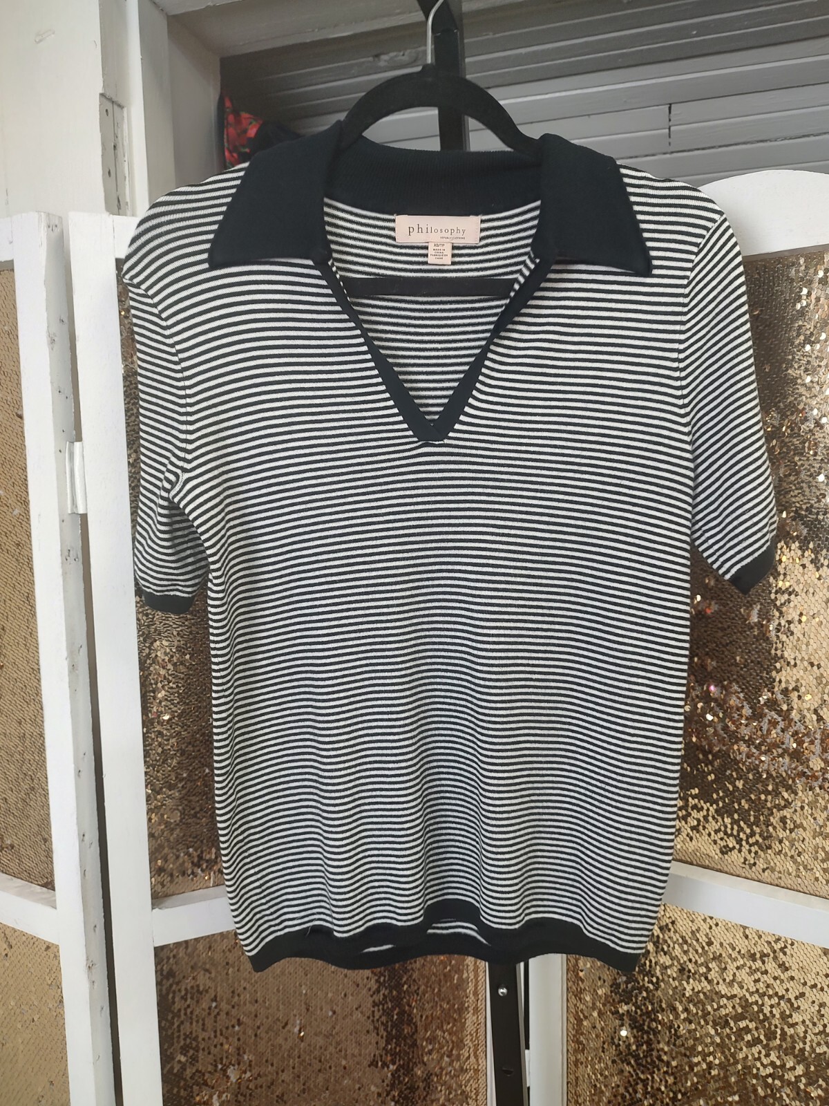 Philosophy Short Sleeve Sweater XS Black White Collared | eBay