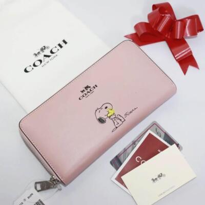 COACH x PEANUTS Long Wallet Snoopy Woodstock Leather Zip pink Popular ...