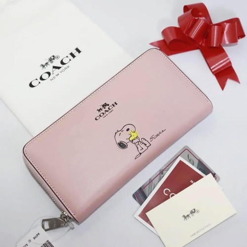 COACH x PEANUTS Long Wallet Snoopy Woodstock Leather Zip pink Popular ...