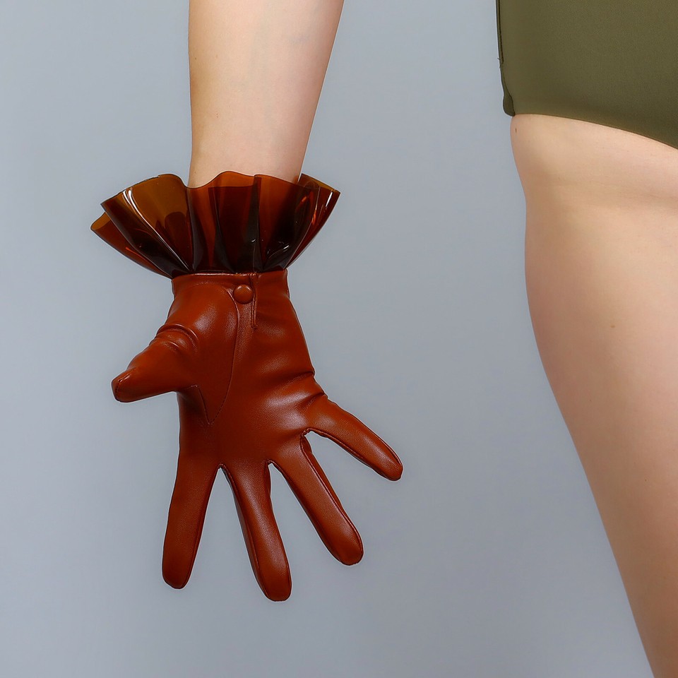 CLEAR GLOVES PVC Ruffle Trim TECH Faux Leather Black Short Plastic ...