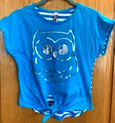 Youth Beautees Owl Blue T-Shirt Top Hi-Low Cotton Blend Sequin Pullover ...