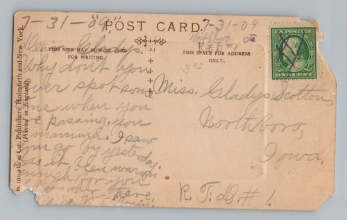 Northboro Iowa IA Page County 1909 RFD Manuscript Cancel Postcard DPO ...