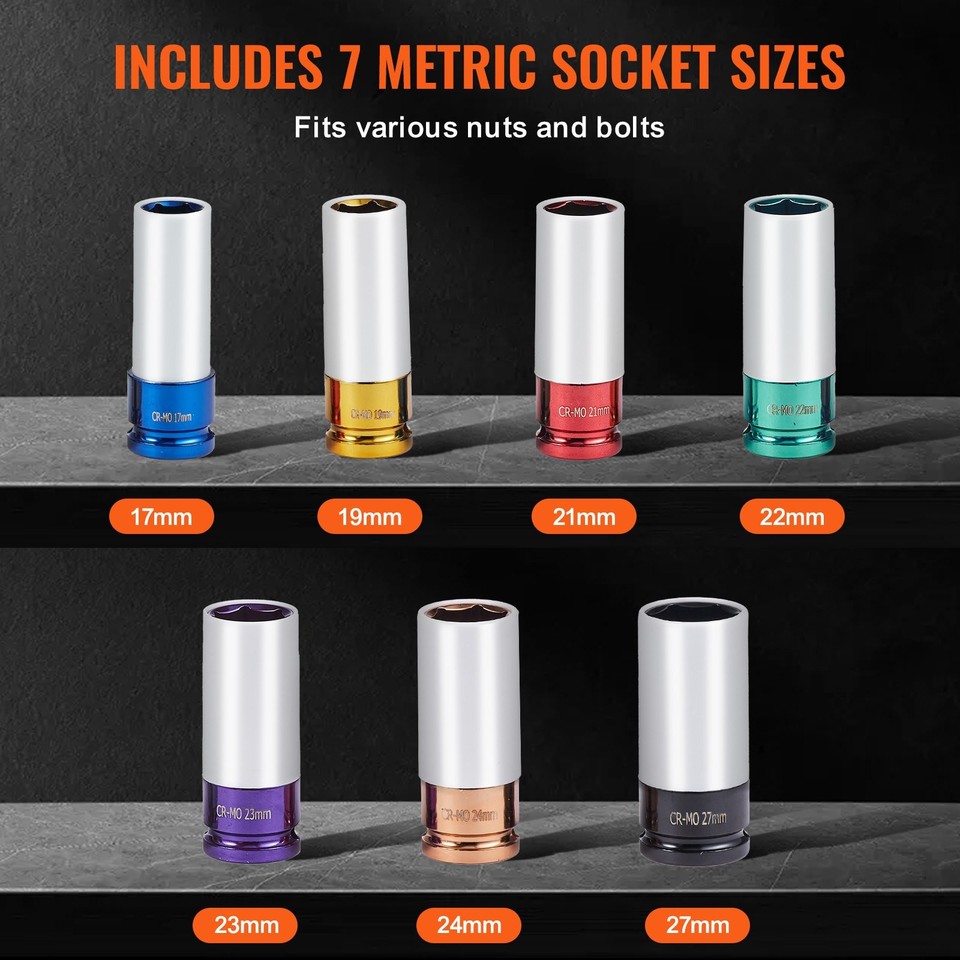 VEVOR Lug Nut Impact Socket Set 1/2 inch Drive Metric 6-Point Deep ...