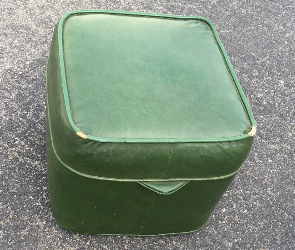 original vintage 1970s retro era green vinyl pouf square footstool foot ...