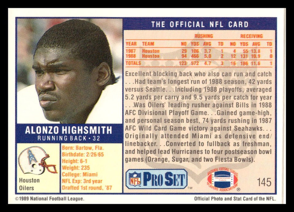 1989 Pro Set 145 Alonzo Highsmith Houston Oilers Football Card | eBay