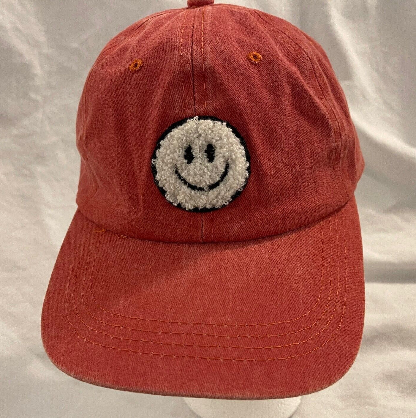 Fuzzy Smiley Face Emoji Hat Ball Cap Orange Adjustabl… - Gem