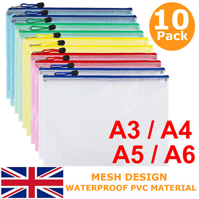 10X DOCUMENT PLASTIC WALLET POCKET STORAGE FILE BAGS PAPER ZIP MESH ...