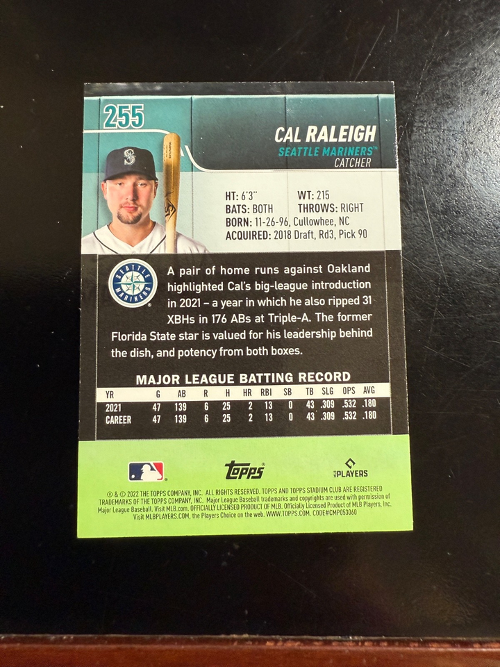 Cal Raleigh 2022 Topps Stadium Club Rookie Card RC #255 Seattle ...