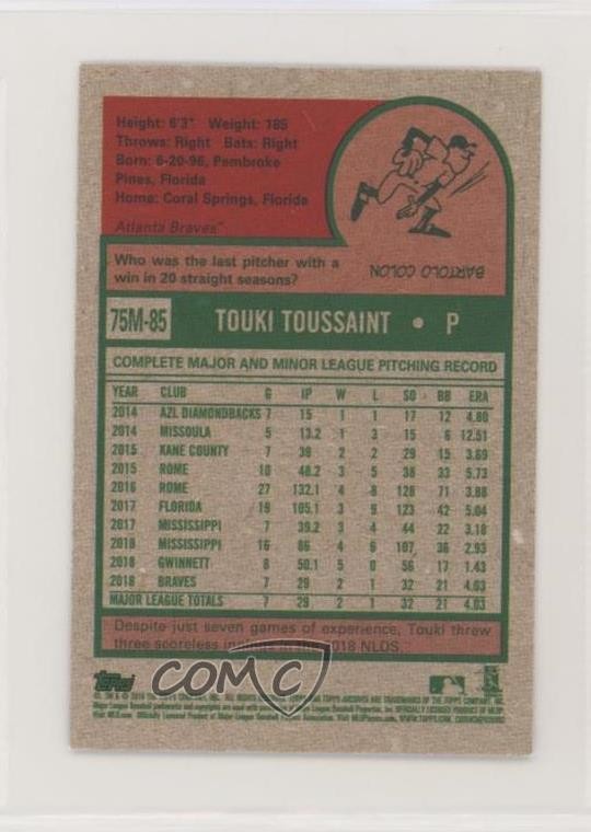 2019 Topps Archives 1975 Topps Mini Touki Toussaint #75M-85 Rookie RC ...