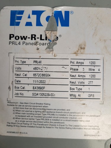 Eaton PRL4A 1200 Amp MLO/MCB Panelboard 480v 3 Phase Breaker Panel | eBay