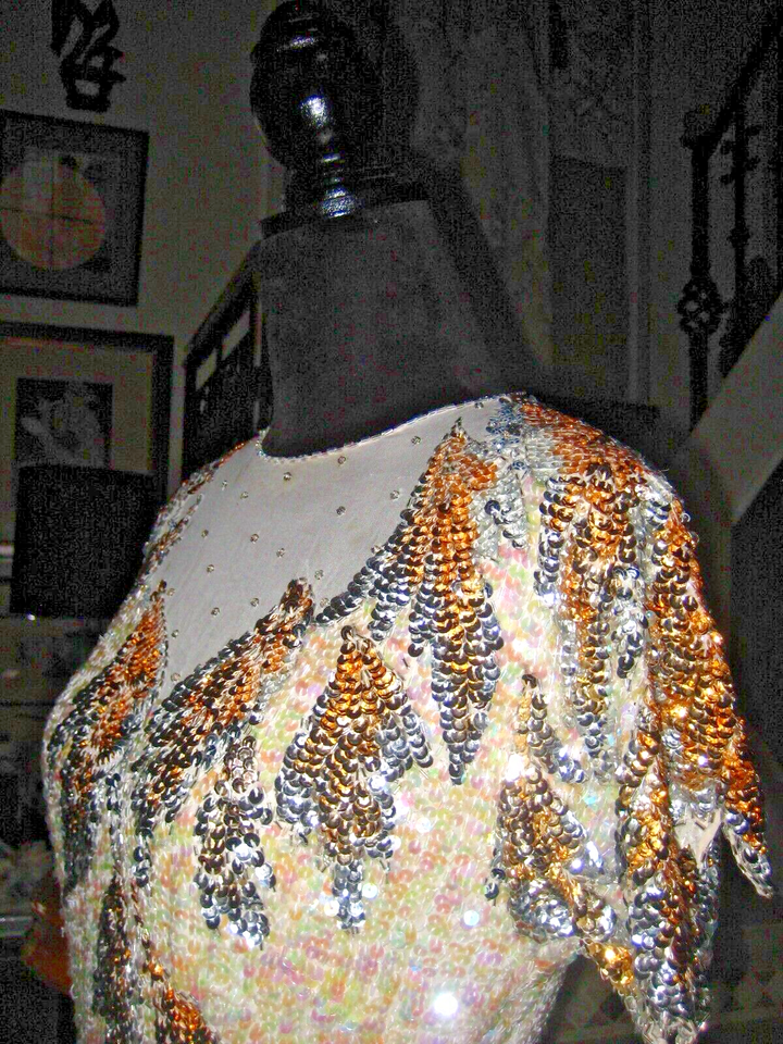 Vintage 1980 cream sequins/beads jagged sleeves/hem mesh neckline ...