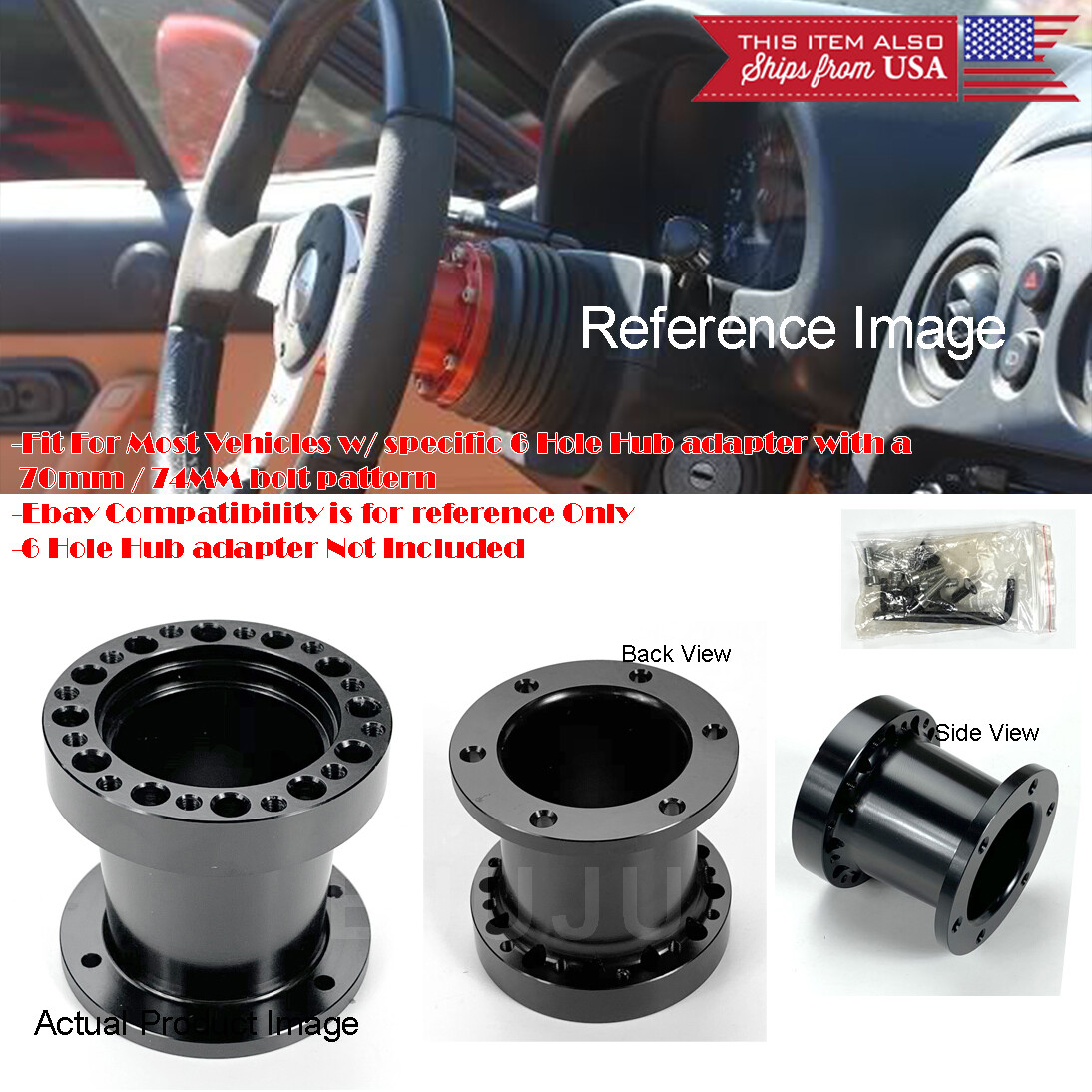 3" Black Steering Wheel 6 Holes x 70mm Hub Extender Extension Spacer ...