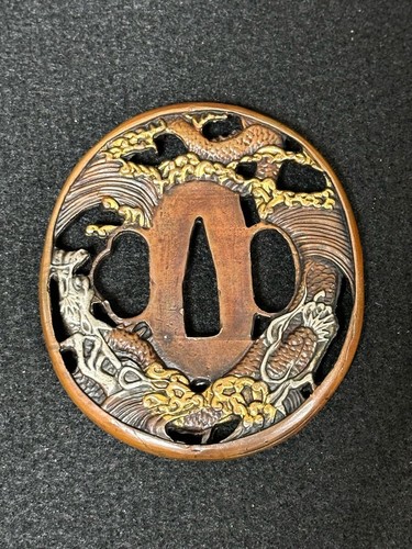 Japanese Sword Katana Tsuba Wave and Dragon Design Copper Base Japanese ...
