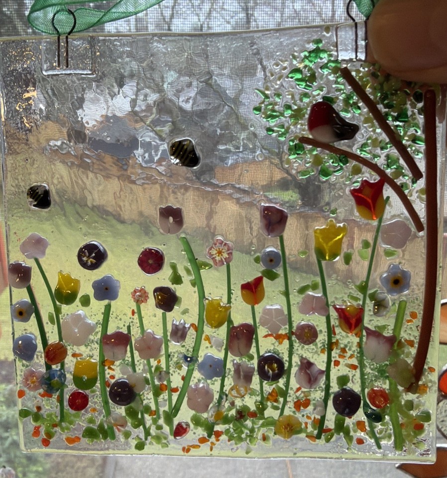 Fused Glass Handmade Square 4”x 4” Multicolor Sun Catcher Signed By ...