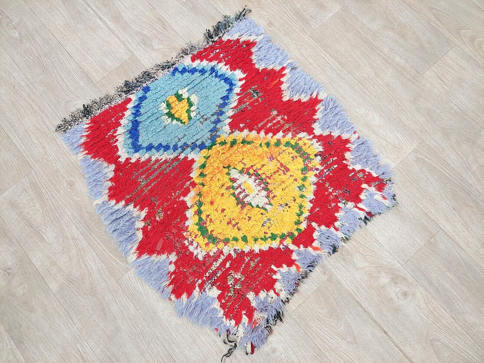 Vintage Moroccan Small Square Rug 2.6x2.6 Colorful Geometric Cotton Red ...