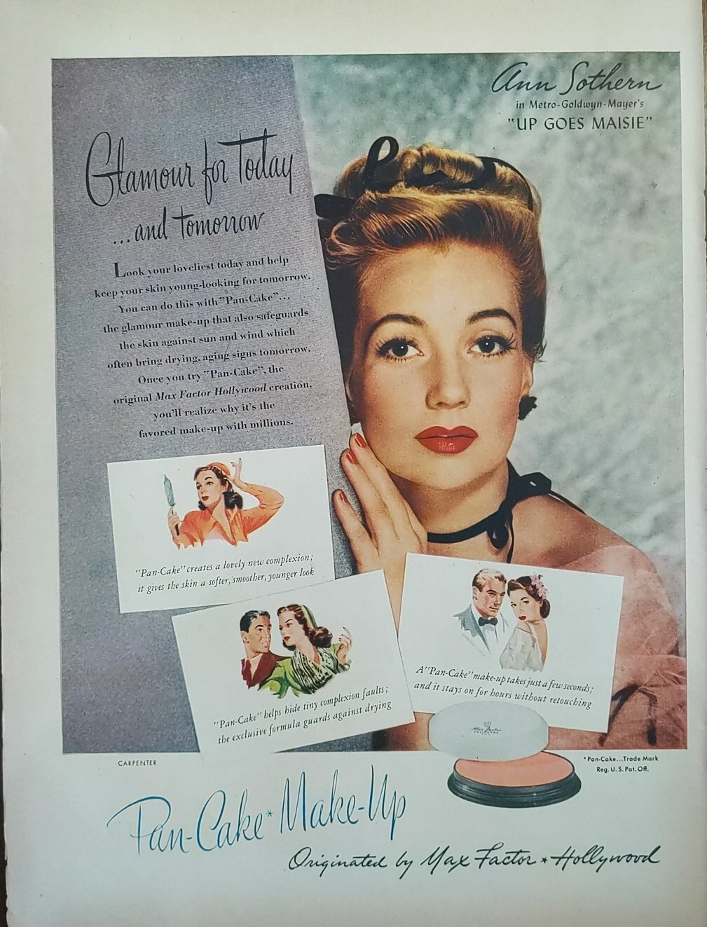 1946 Max Factor Hollywood print ad. Featuring Ann Southern "Up Goes ...