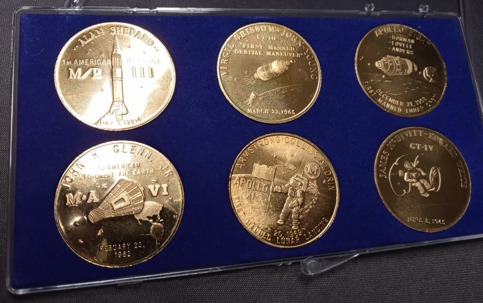 NASA Gold Coins- Set of 6 -Apollo/Gemini/Mercury + Moon Landing Stamp ...