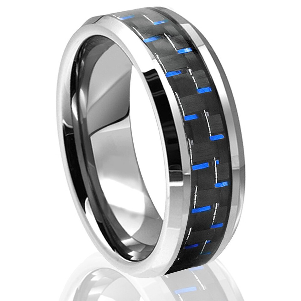 Tungsten Carbide Blue Black Carbon Fiber Ring Men Engagement Wedding ...