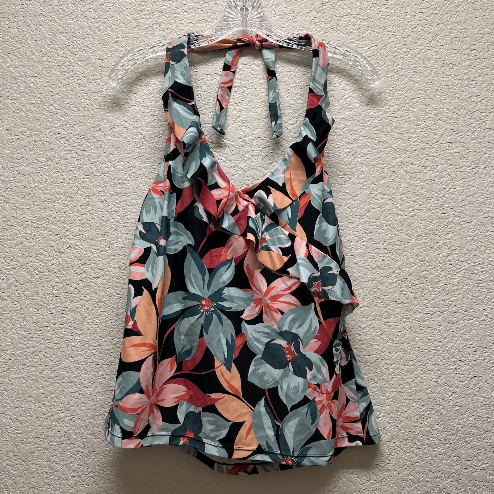 Aqua Couture Women XL Black Multi Floral Ruffle Halter Tankini Swim ...