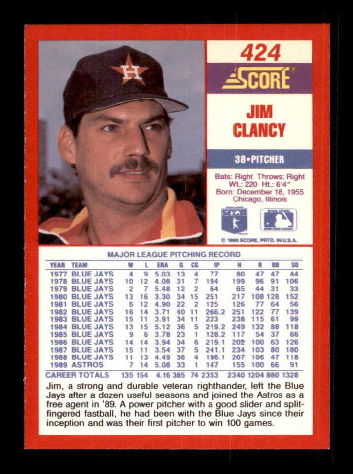 1990 Baseball Score Jim Clancy Houston Astros #424 | eBay