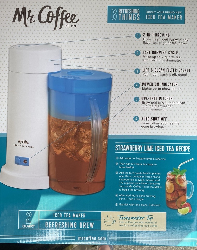 Mr. Coffee Iced Tea Maker 2 Quart Pitcher Blue TM1 2015 New in Box ...