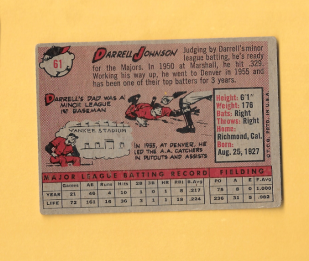1958 Topps Darrell Johnson #61 New York Yankees G/VG FREE SHIPPING | eBay