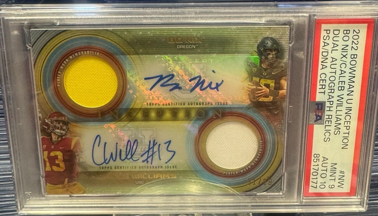 2022-23 Bowman Inception U Dual Auto Patch Relics Caleb Williams Bo Nix ...