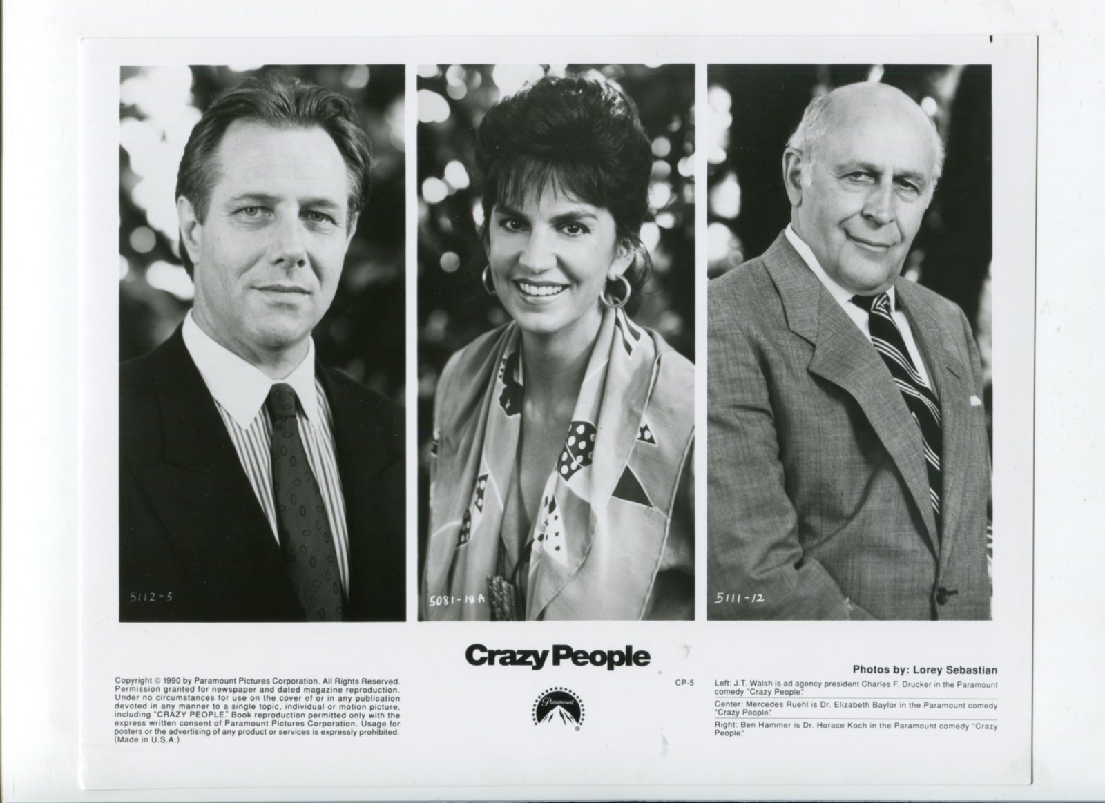 Crazy People-J.T. Walsh, Mercedes Ruehl, and Ben Hammer-8x10-B&W-Still ...