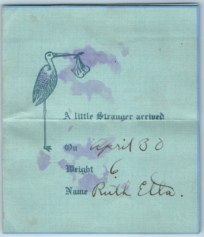 c1910s Mini Baby Arrival Card Antique Envelope Cover Stork Cute Sumner ...