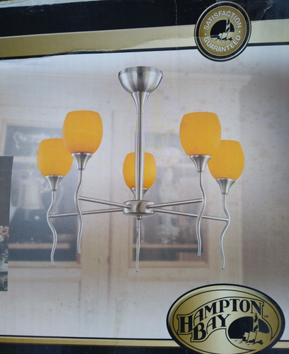 HAMPTON BAY 5-LIGHT CHANDELIER BRUSHED NICKLE W/FROSTED AMBER SHADES ...