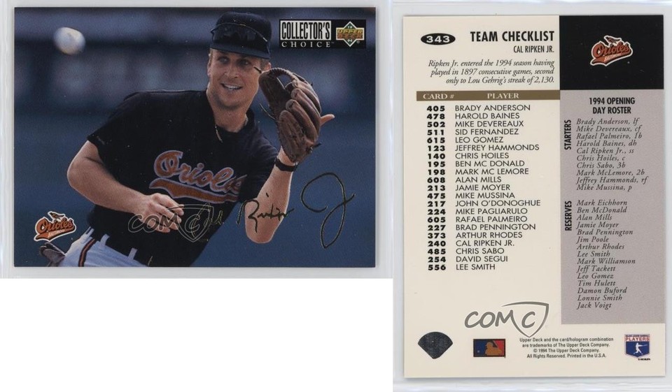 1994 Collector's Choice Team Checklist Gold Foil Signature Cal Ripken ...