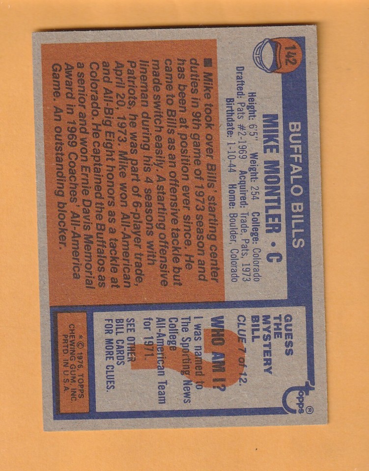 Mike Montler Buffalo Bills 1976 Topps #142 Colorado Buffaloes Columbus ...