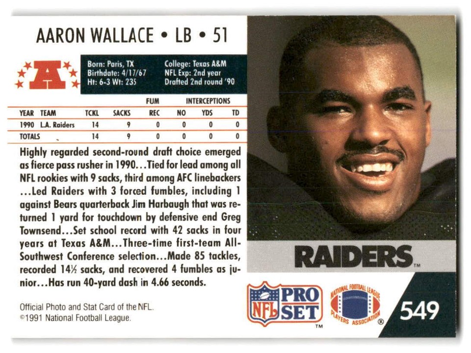 Aaron Wallace 1991 Pro Set #549 Los Angeles Raiders FOOTBALL | eBay
