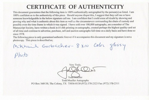 Soviet Union President Mikhail Gorbachev Signed Autographed 810 ...