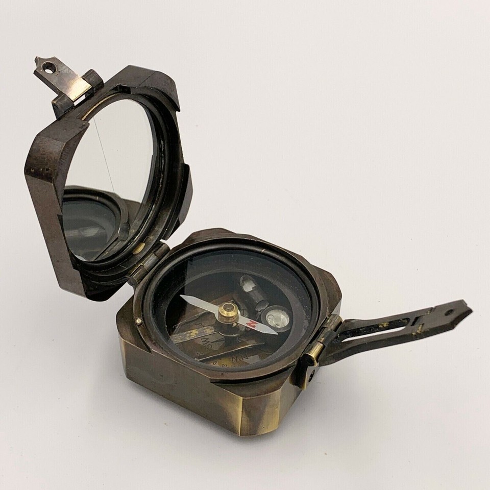 Solid Brass Burton Pocket Compass with Wooden Box Astrolabe Antique ...