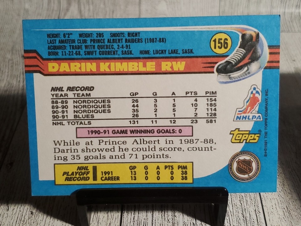 1991-92 Topps Blues Hockey Card #156 Darin Kimble | eBay