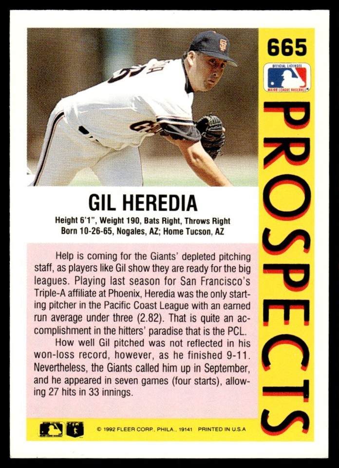 1992 Fleer IP Signed Auto Gil Heredia RC San Francisco Giants #665 | eBay