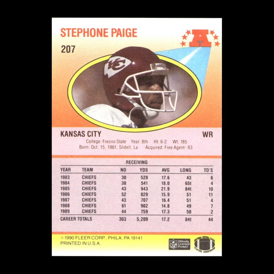 Stephone Paige 1990 Fleer Kansas City Chiefs #207 R325C 9 | eBay