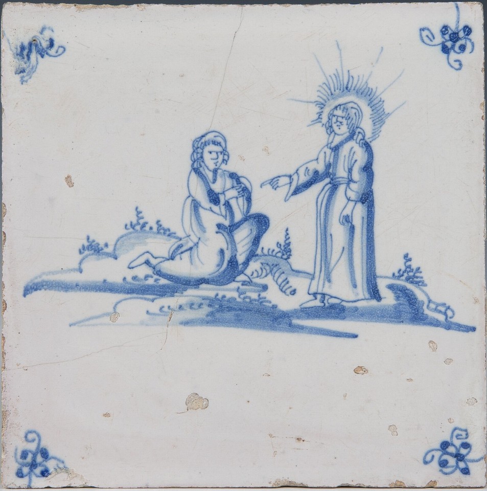 Nice set of 9 Dutch Delft Blue fine painted tiles, biblical, 18th ...