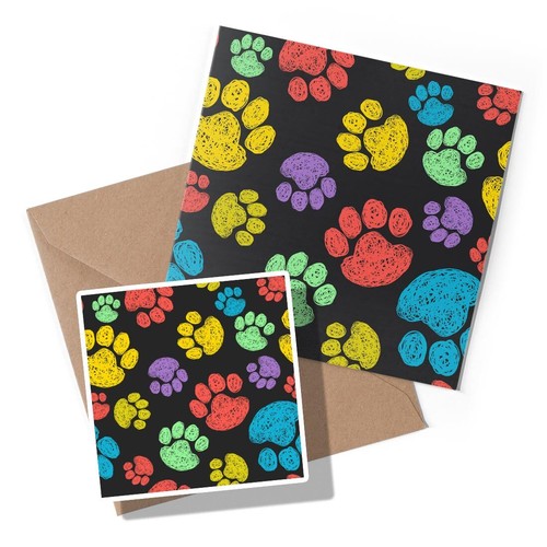 1 x Greeting Card & Sticker Set - Bright Paw Prints Cat Dog Animal ...