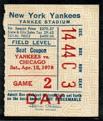 1978 BASEBALL TICKET YANKEES THURMAN MUNSON MICKEY RIVERS HR WORLD ...