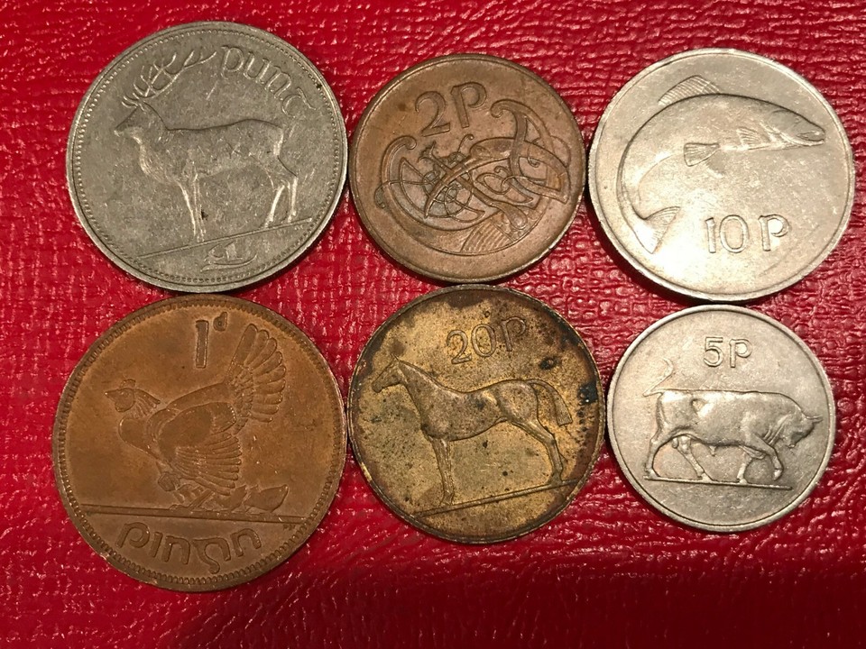 LOT OF 6 IRELAND COINS-1968 PENNY OLDEST TO 1990 ONE PUNT NEWEST COIN ...