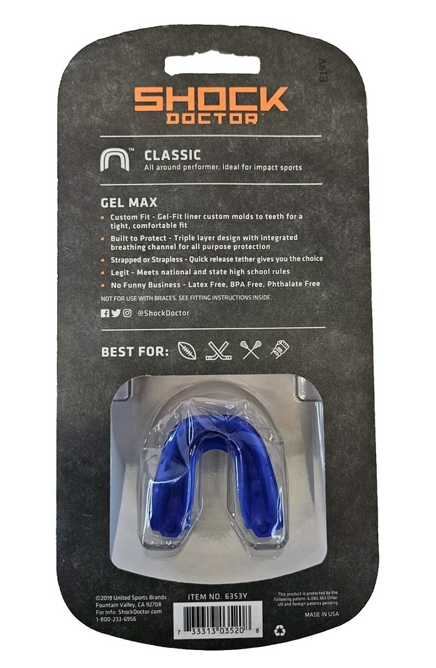 Shock Doctor Gel Max Moldable Mouthguard Youth Age 10- Impact Blue ...