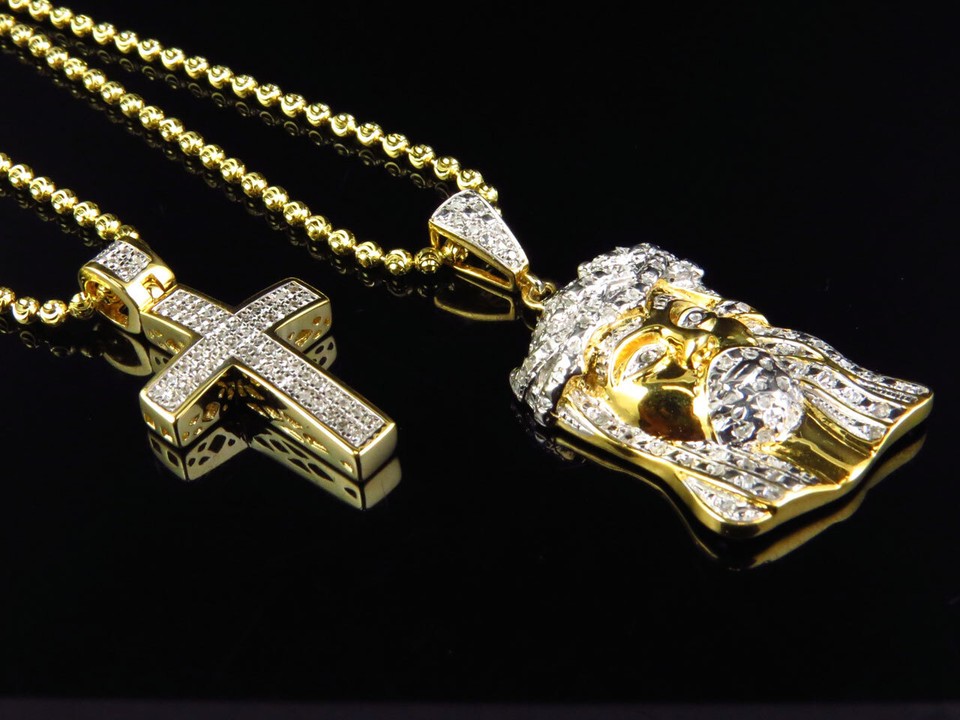 Genuine Diamond Yellow Gold Finish Mini Micro Jesus Pendant and Cross ...
