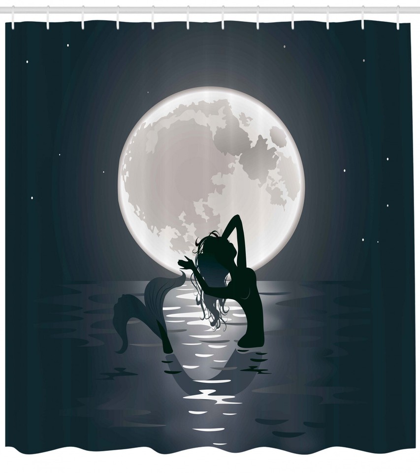 Mermaid in Sea with a Full Moon Mythical Cartoon Image Print Shower ...