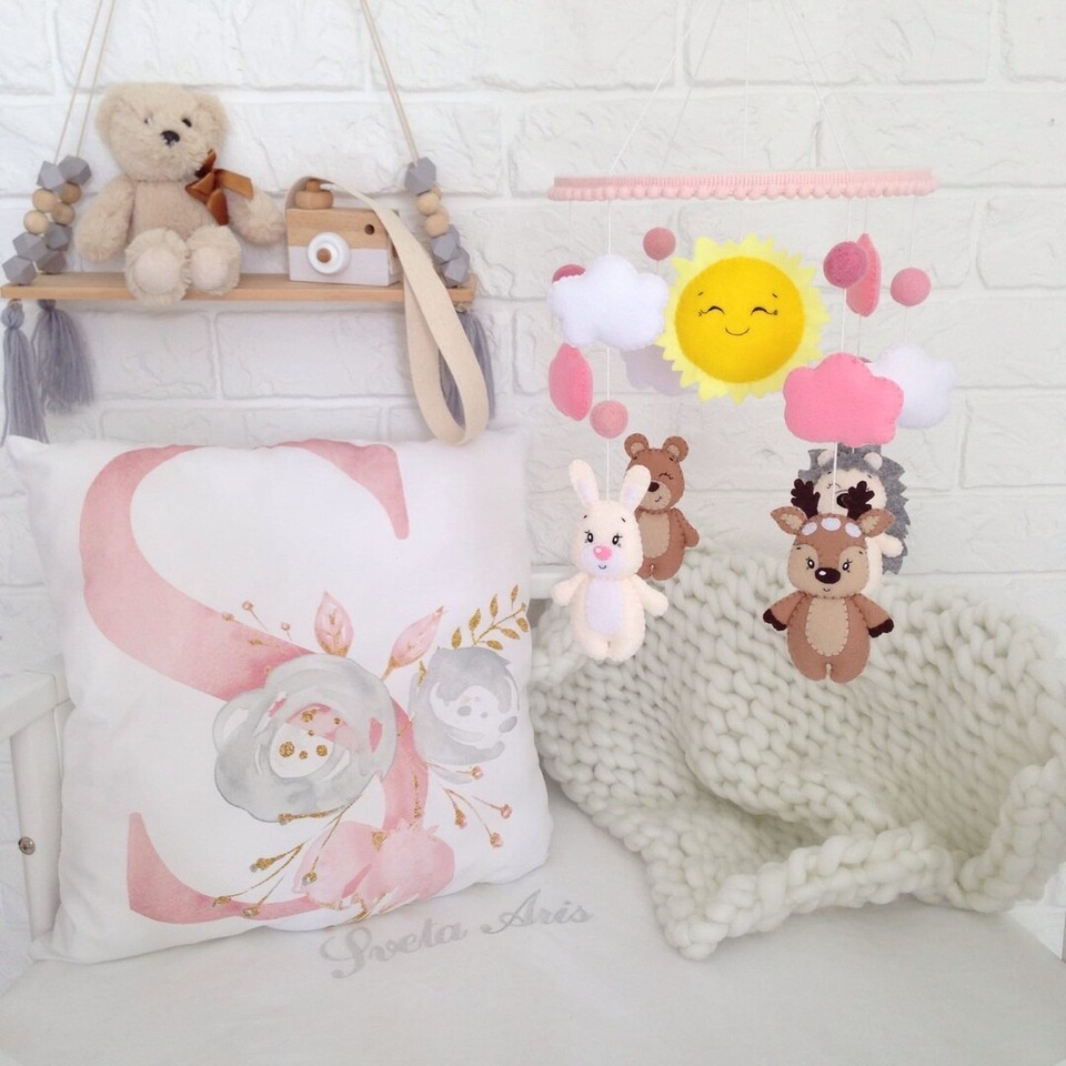 Baby Mobile Forest Animals Felt Pink Girl Nursery Decor Baby Gift Cot ...